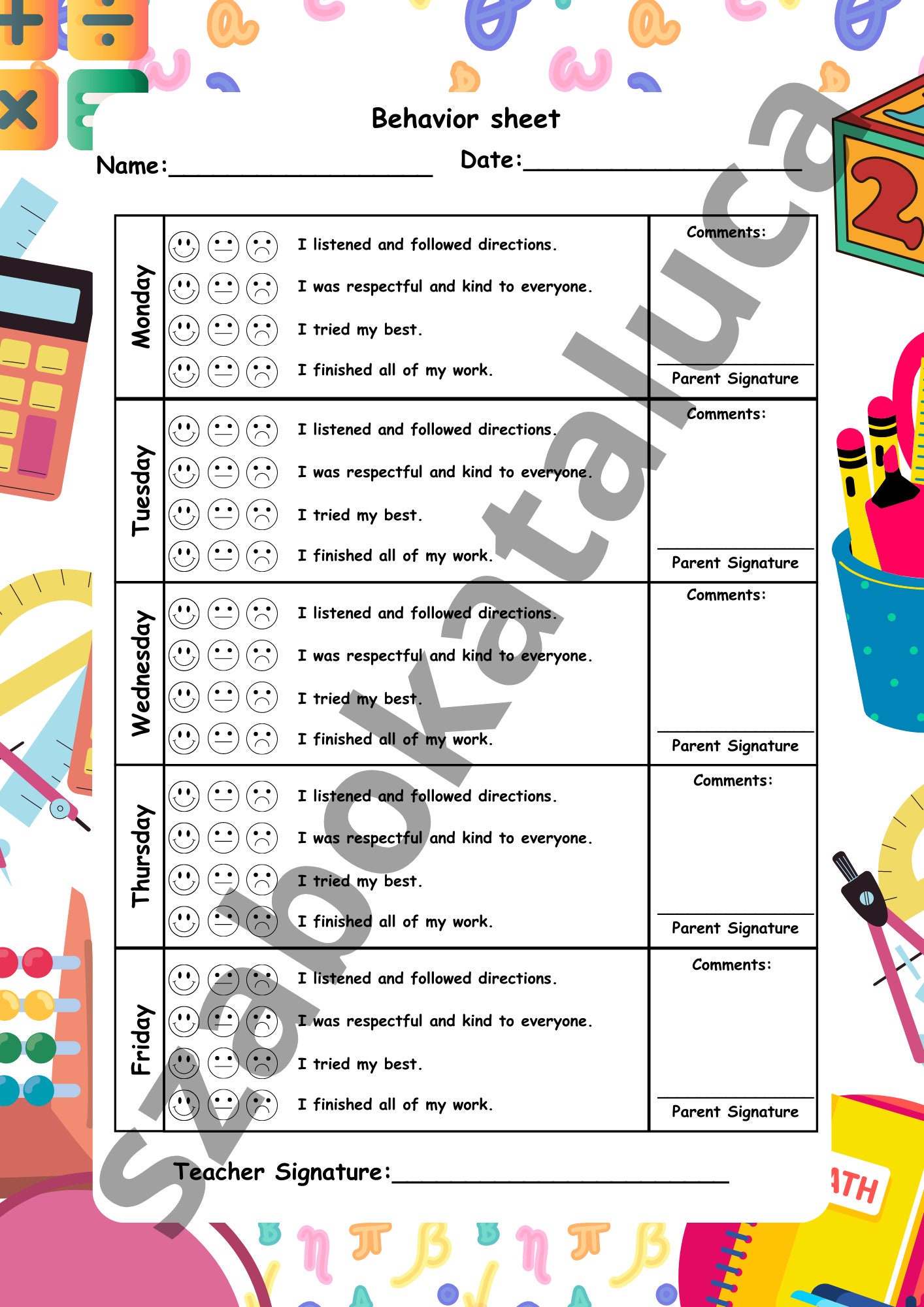 Behavior Sheet / Kids Behavior Chart / Track Your Behavior - Etsy