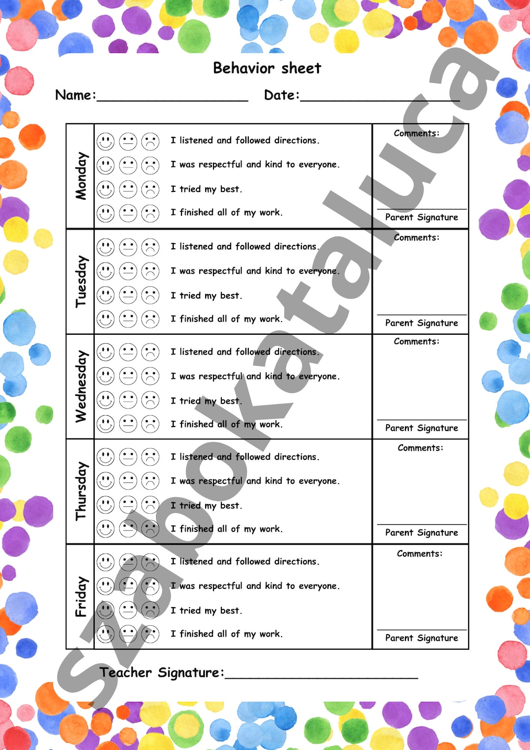 Behavior Sheet / Kids Behavior Chart / Track Your Behavior Progress ...