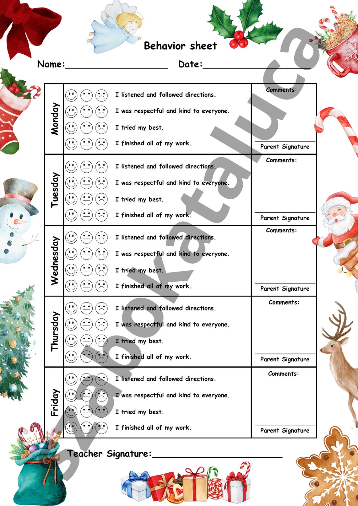 Christmas Themed Behavior Sheet / Kids Behavior Chart / Track Your ...