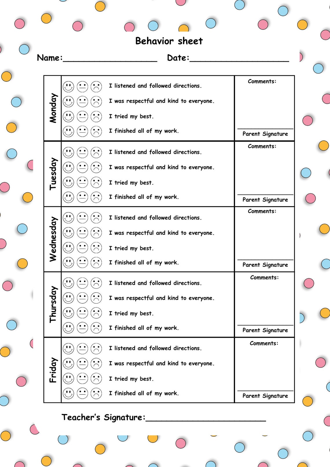 Behavior Sheet / Kids Behavior Chart / Track Your Behavior Progress ...