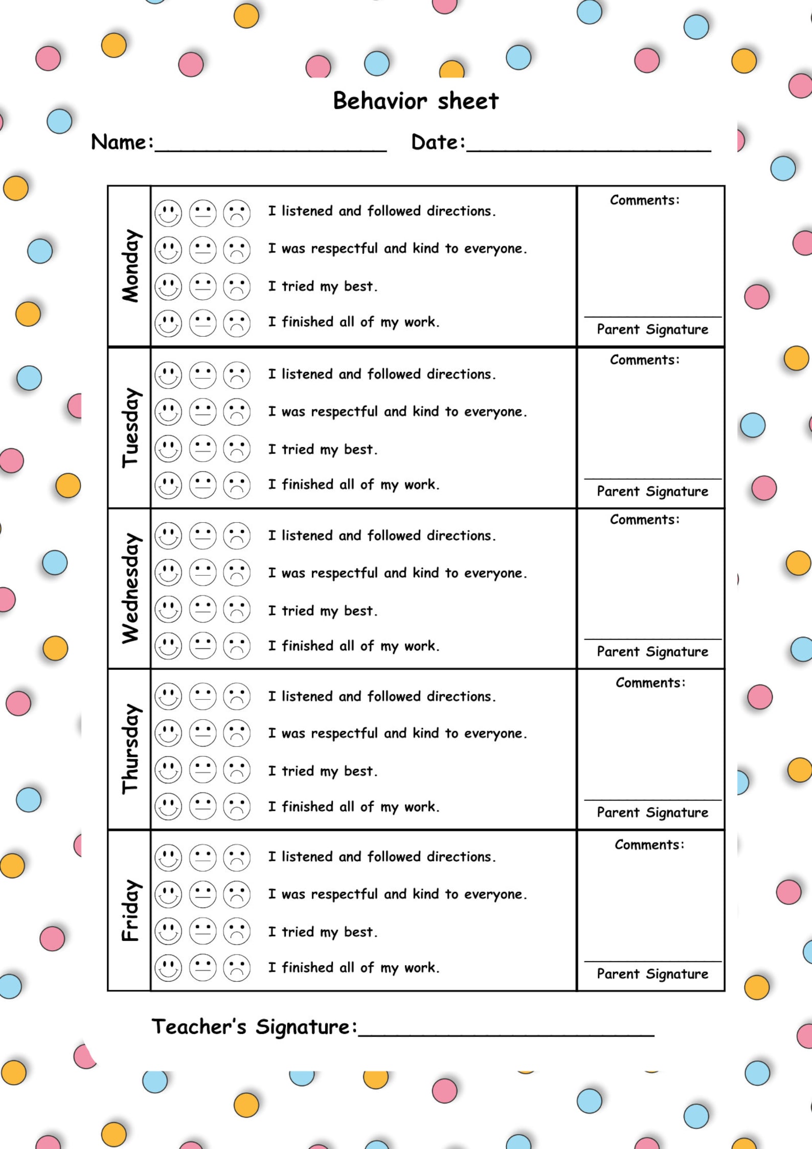 Behavior Sheet / Kids Behavior Chart / Track Your Behavior Progress ...