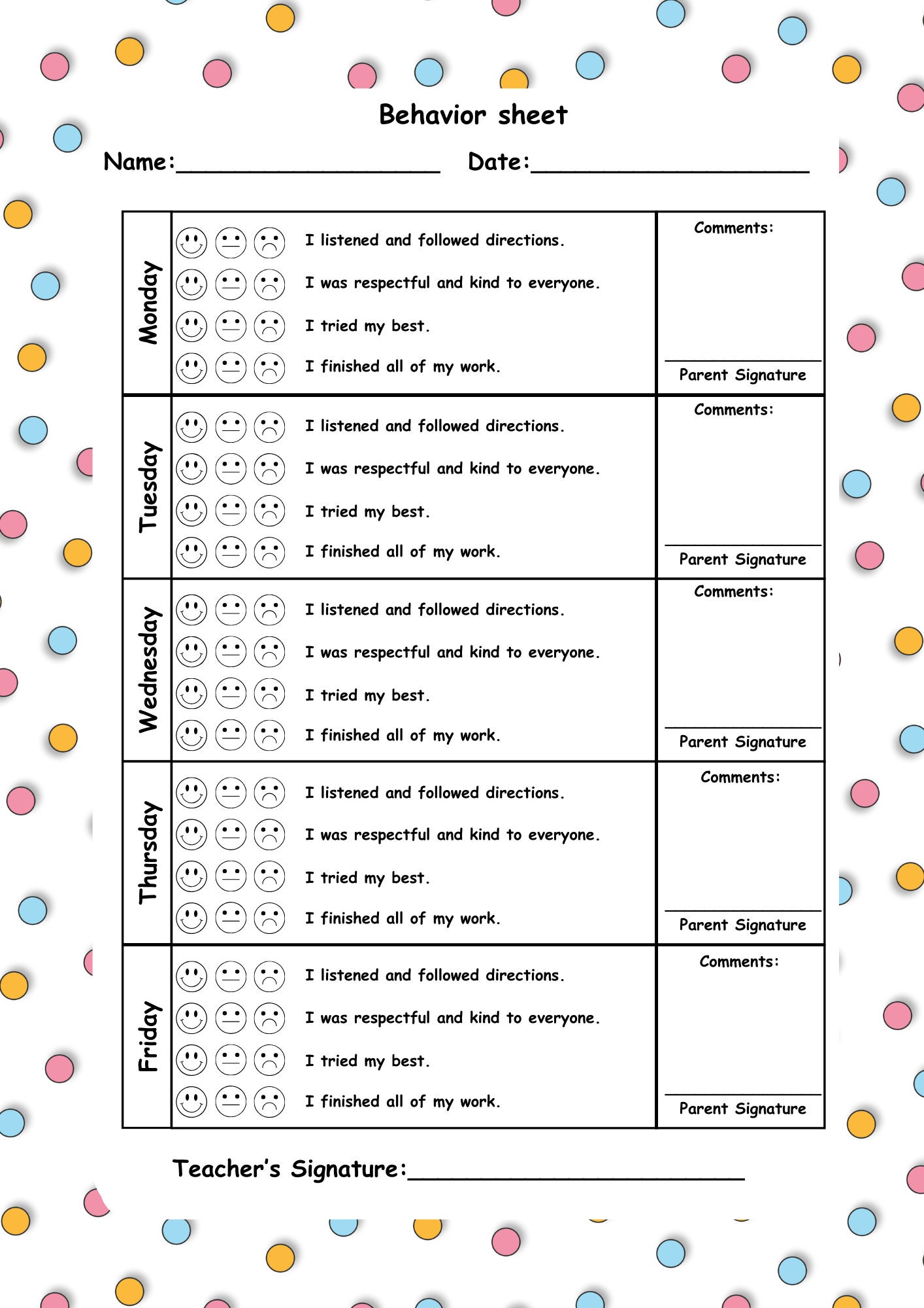 Behavior Sheet / Kids Behavior Chart / Track Your Behavior Progress ...