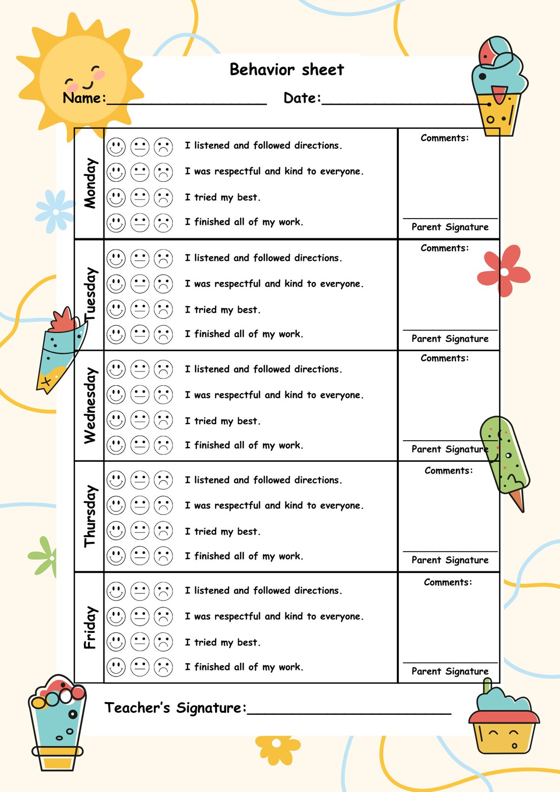Behavior Sheet / Kids Behavior Chart / Track Your Behavior Progress ...