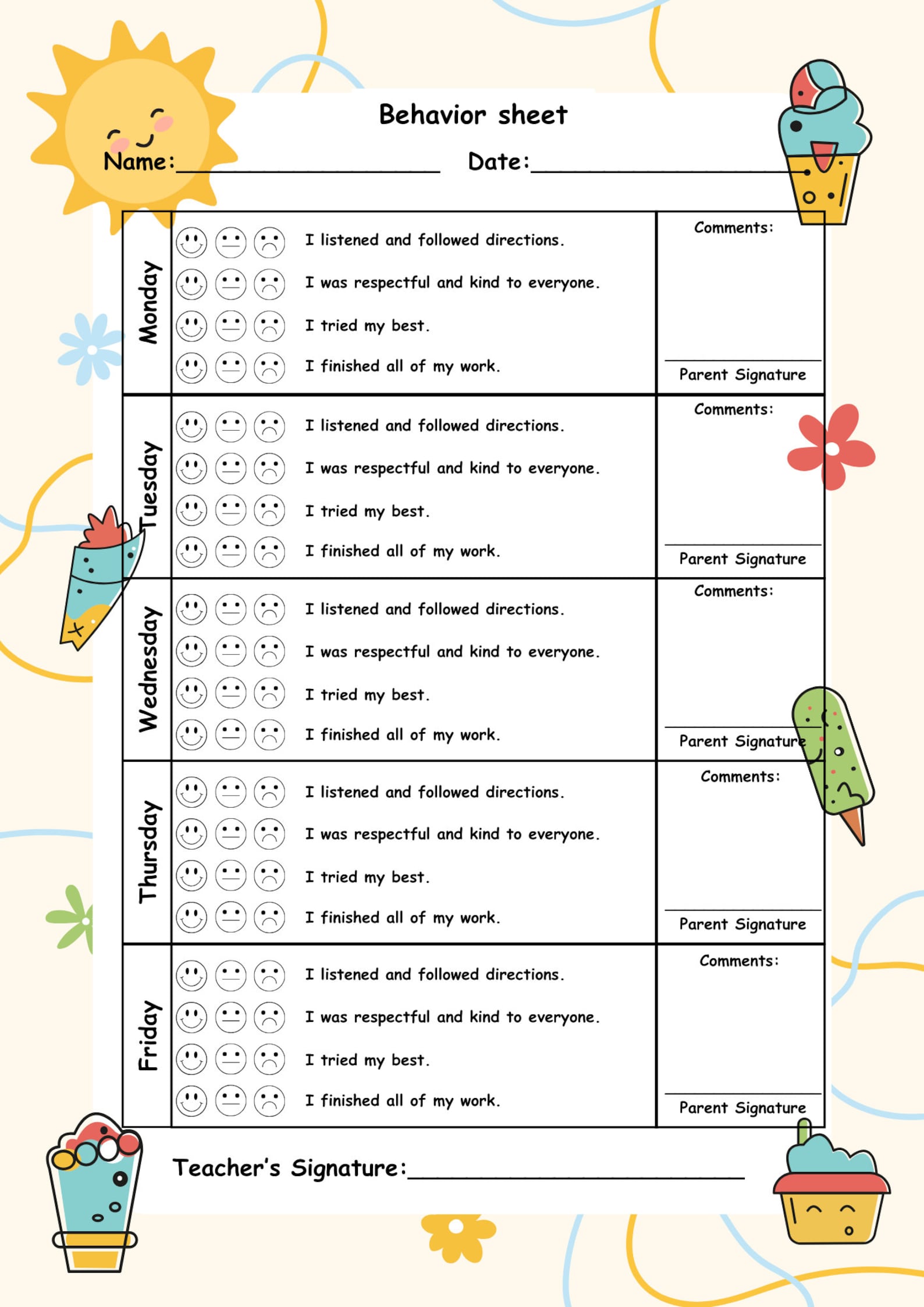 Behavior Sheet / Kids Behavior Chart / Track Your Behavior Progress ...