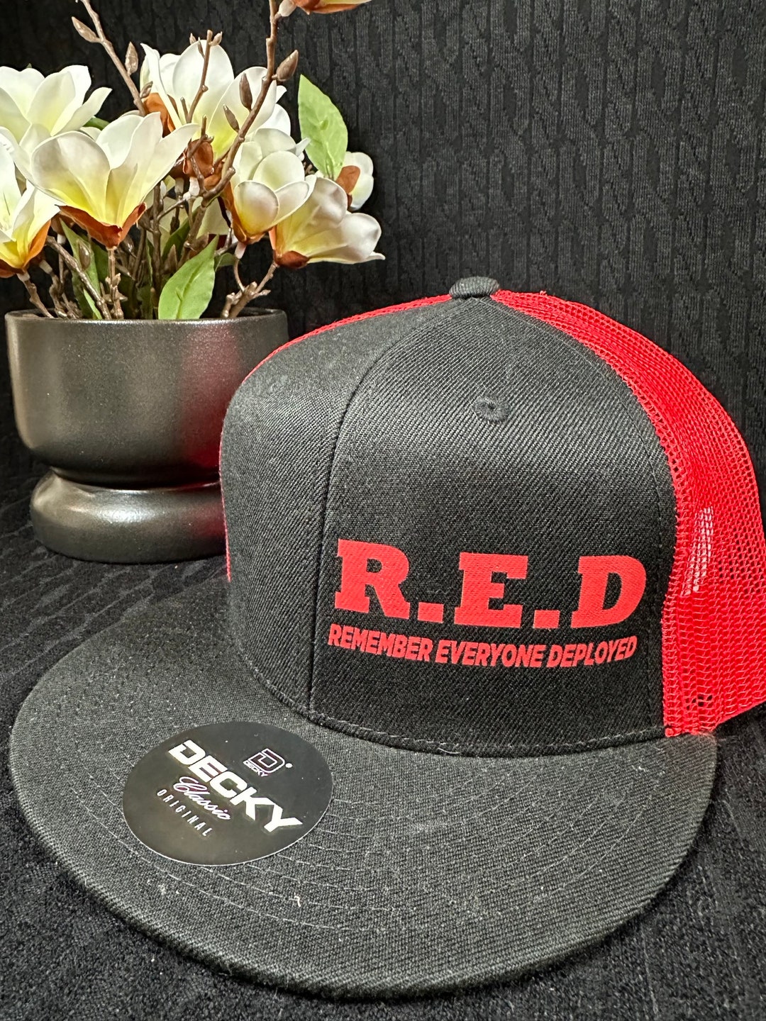 Decky Red and Black Flat Brim Hat With r.e.d. Remember Everyone Deployed Print - Etsy