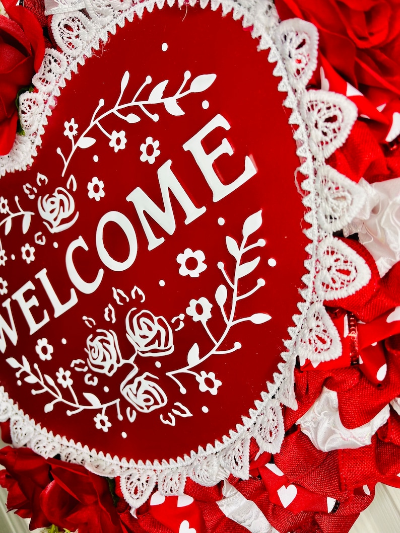 Welcome Wreath - Red and White Rose Wreath With Lace Accents - Romantic ...