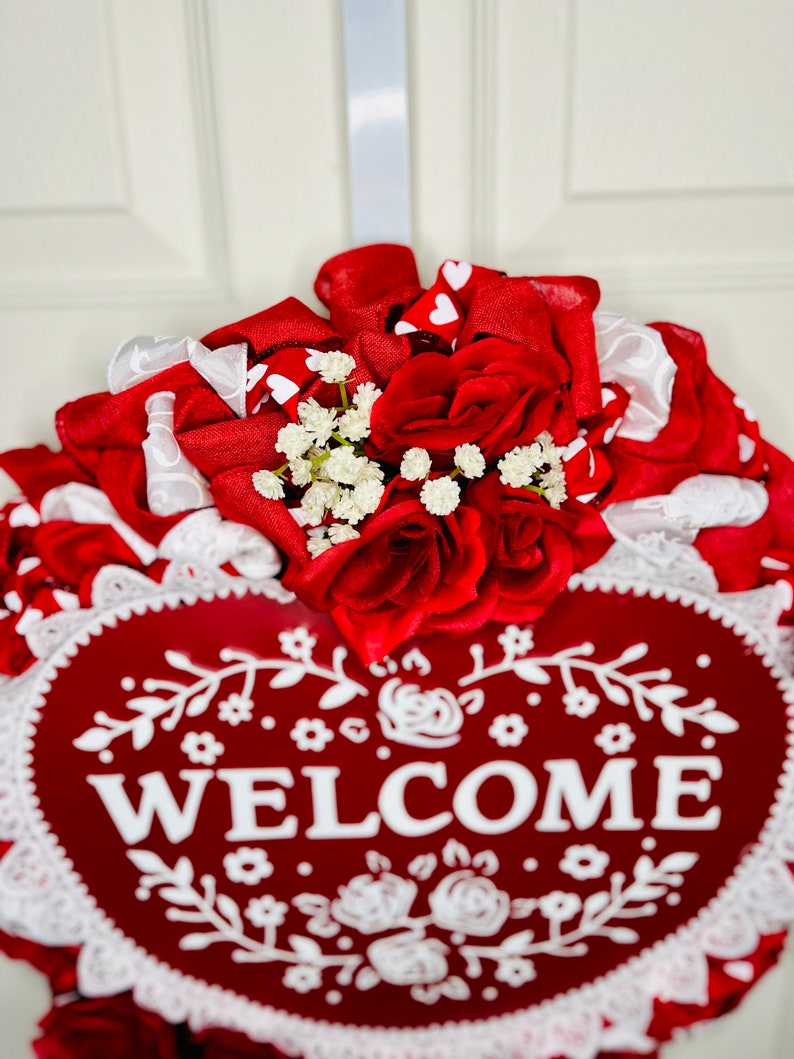 Welcome Wreath - Red and White Rose Wreath With Lace Accents - Romantic ...