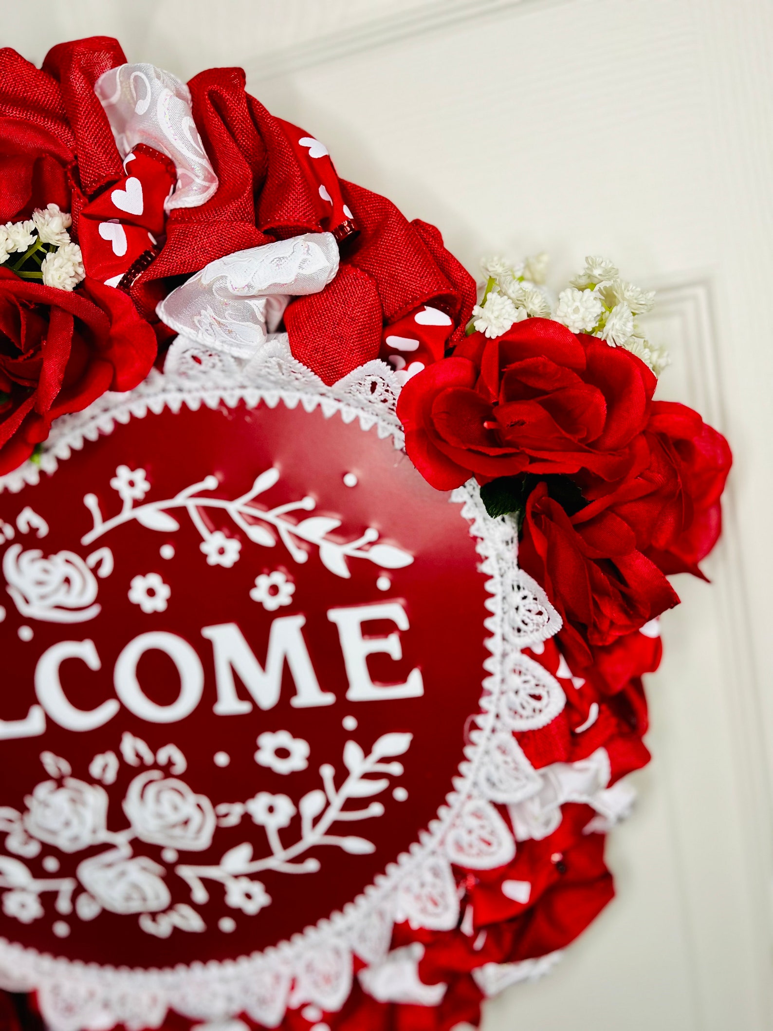 Welcome Wreath - Red and White Rose Wreath With Lace Accents - Romantic ...