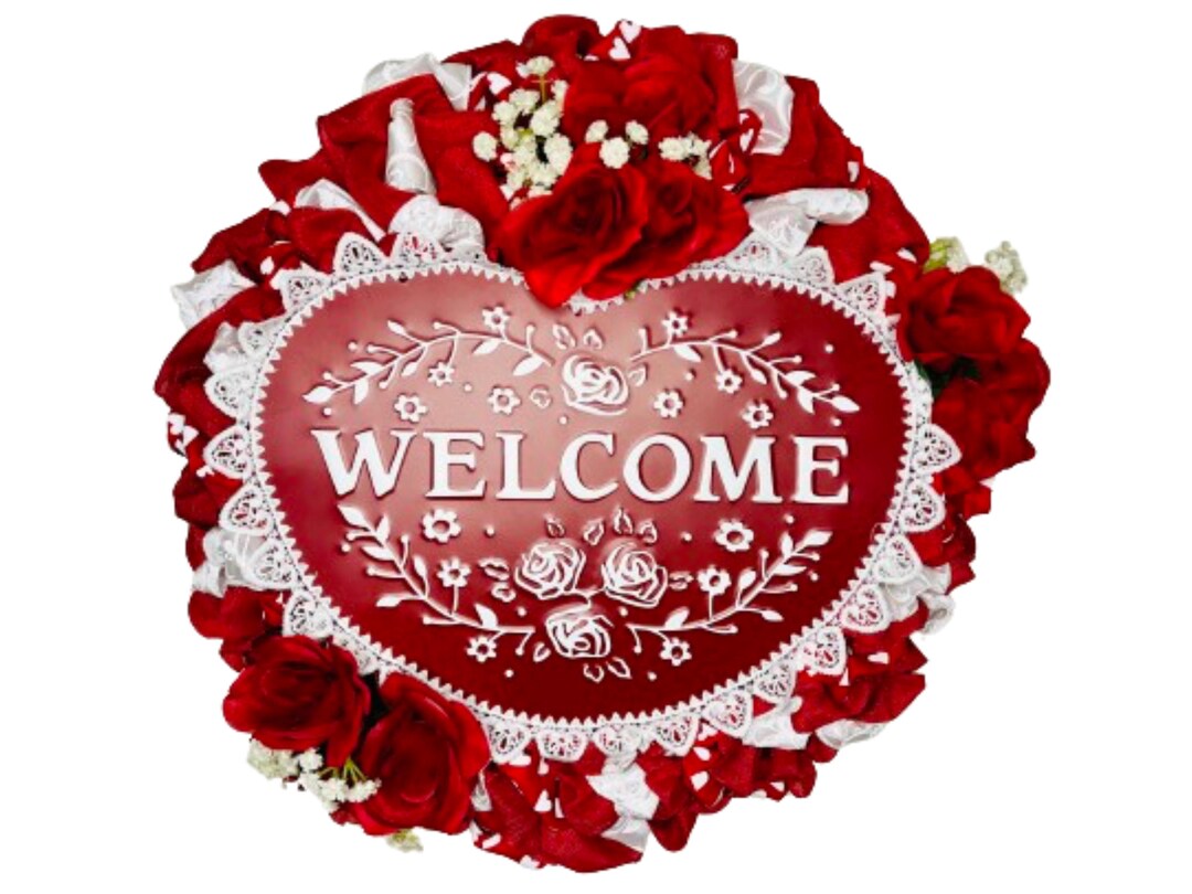 Welcome Wreath - Red and White Rose Wreath With Lace Accents - Romantic ...