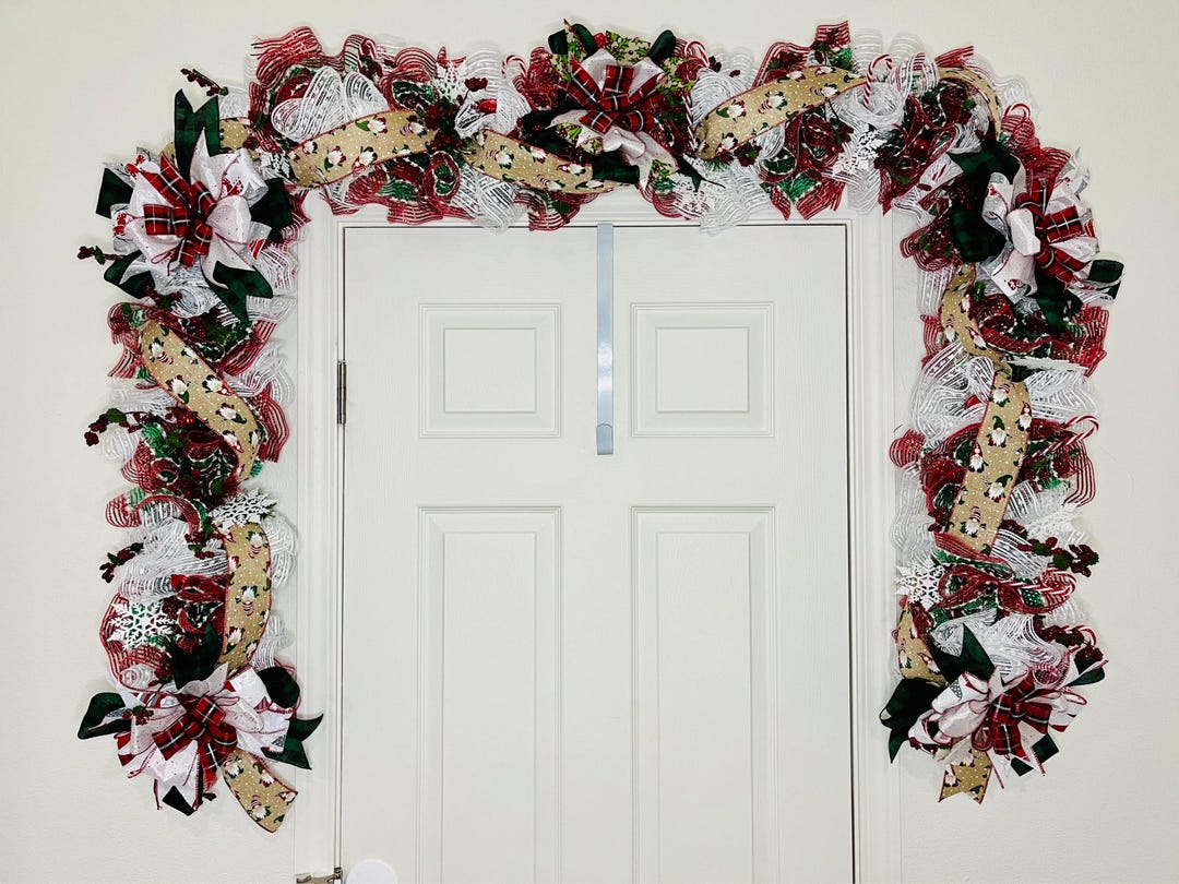 9ft Christmas Door Garland With Plaid Bows & Santa Ribbon - Handmade ...