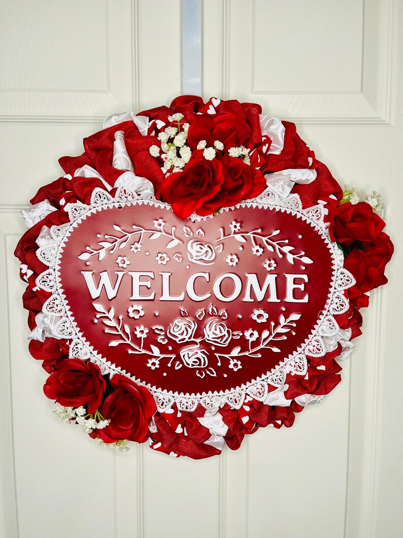 Welcome Wreath - Red and White Rose Wreath With Lace Accents - Romantic ...