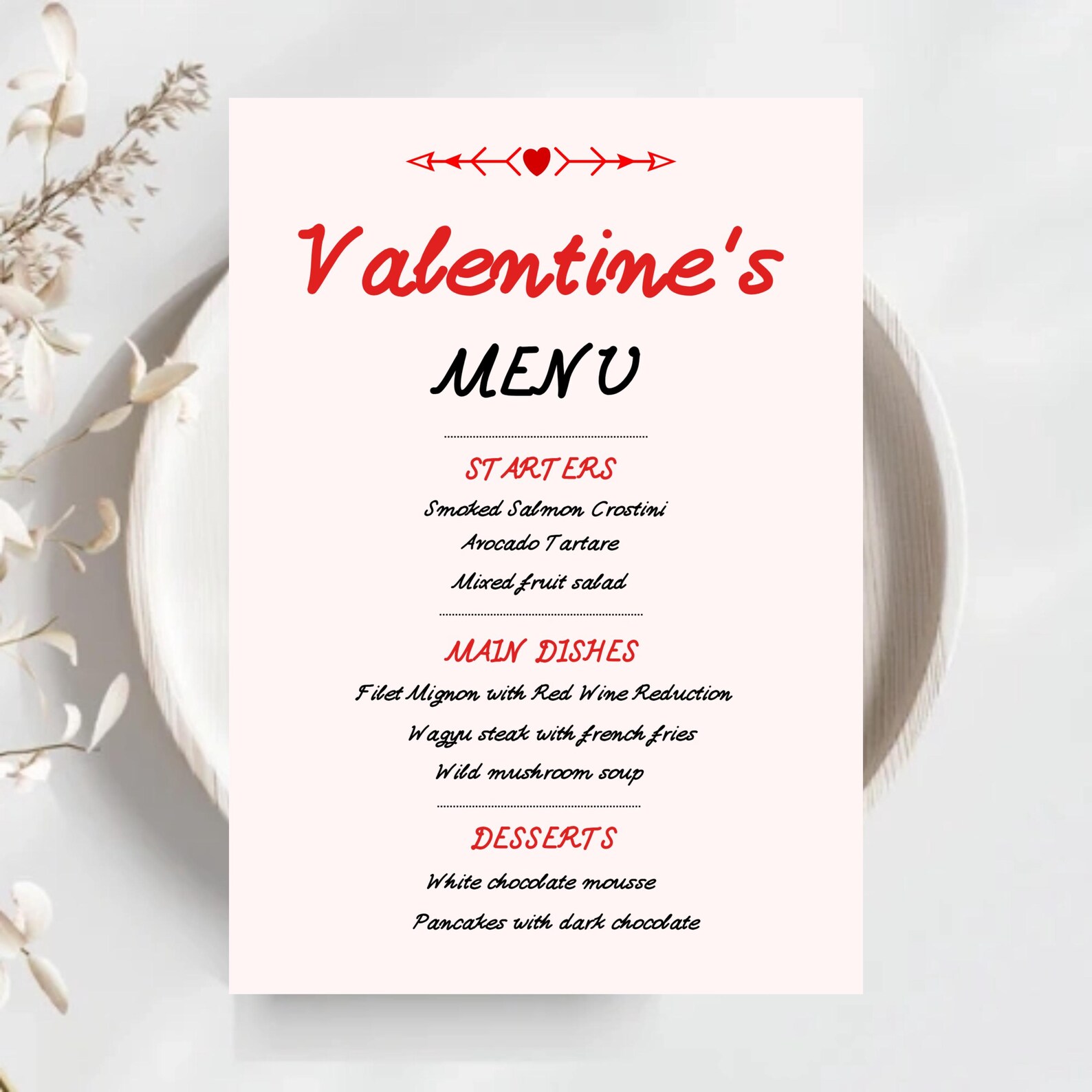Valentine's Day Menu,editable Menu Template,printable Template,romantic Dinner Menu,instant ...