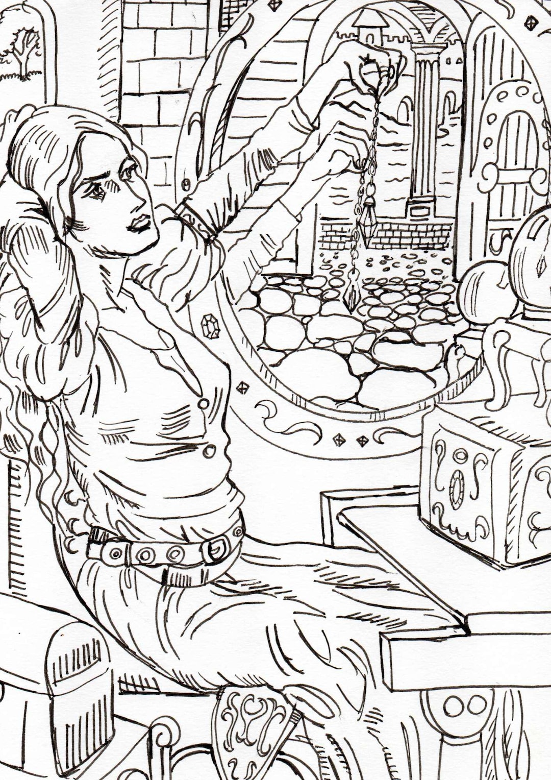 Medieval Woman Coloring Page – Lady and Pendulum, Fantasy Art (digital ...