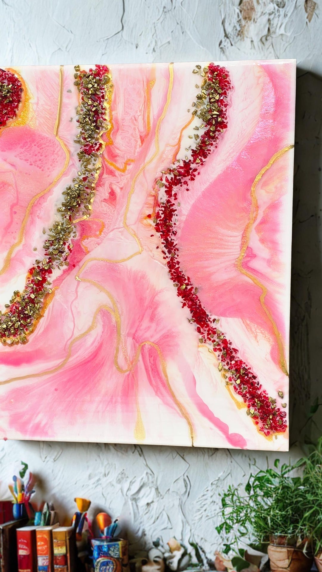 Pink Geode Resin Painting, Gold Crystals, Glam Abstract Art, 16x20 ...