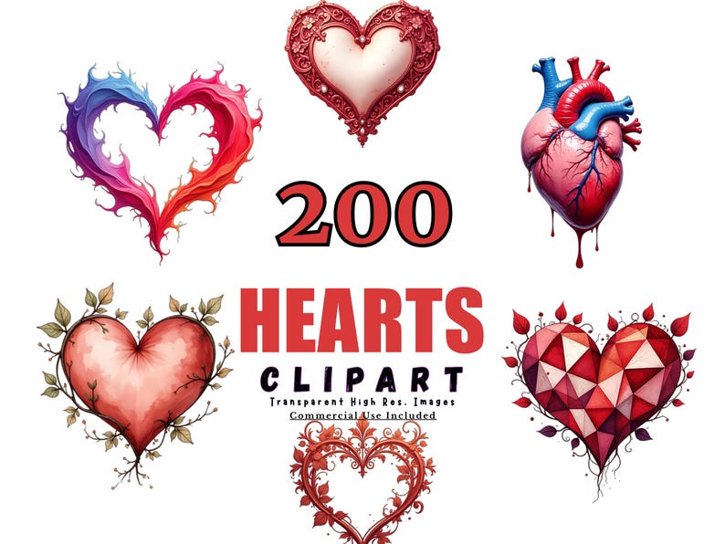 200 HEARTS Clipart Bundle Vol2 - Cute Heart Designs, Valentine’s Day ...