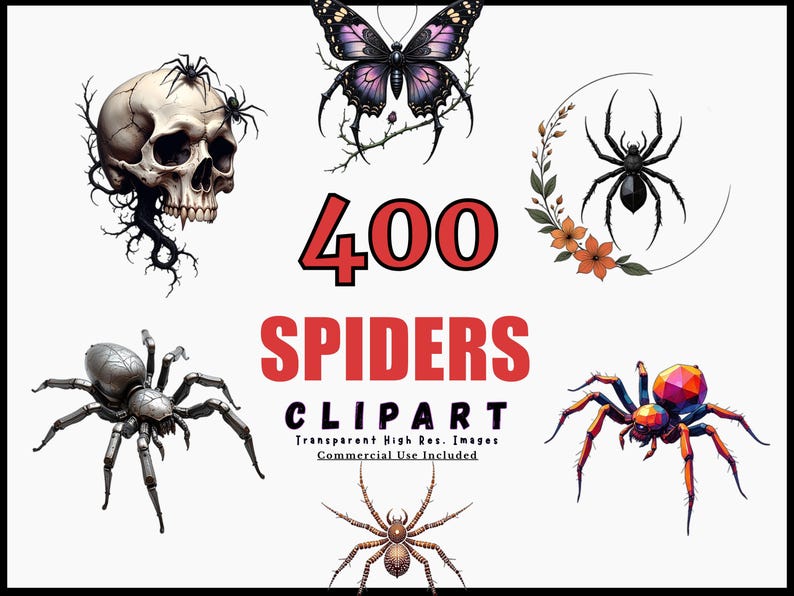 400 Spiders Clipart Bundle, Transparent Pngs for Halloween, Creepy ...