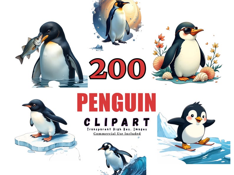 200 Penguin Clipart Bundle, Cute Penguin Illustrations, Watercolor ...