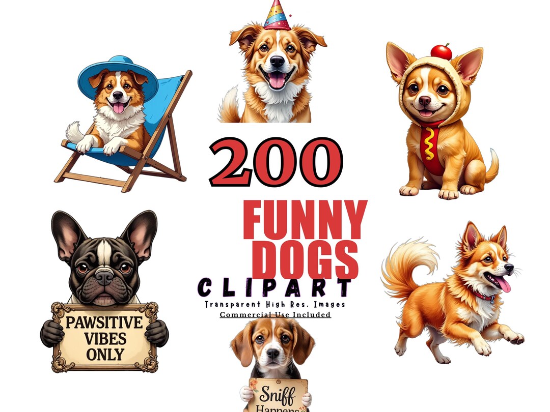 Funny Dogs Clipart Bundle - 200 Humorous Dog Illustrations, Digital ...