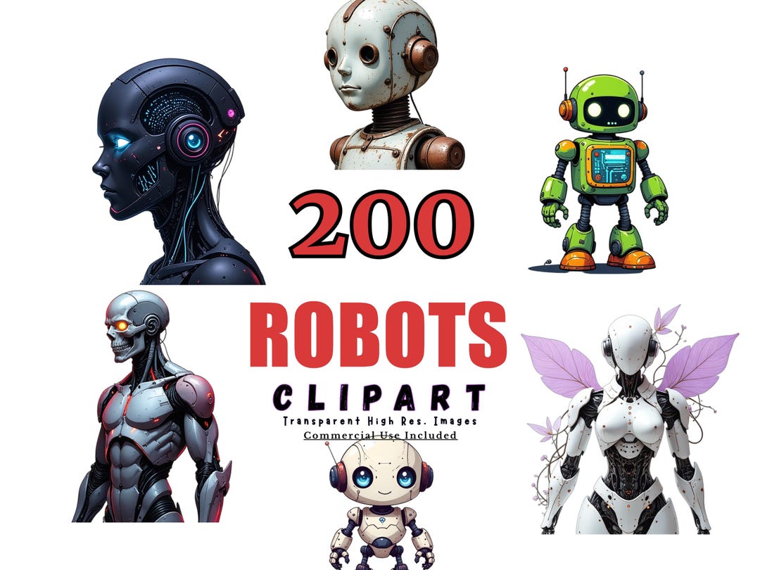 200 Robot Clipart Bundle - Cute Digital Robots, PNG Files, Transparent ...