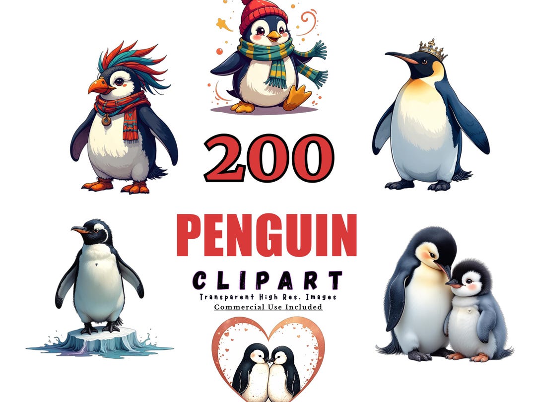 200 Penguin Clipart Bundle, Cute Penguin Illustrations, Watercolor ...