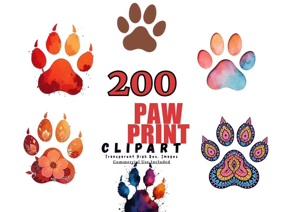 200 PAW PRINT Clipart Bundle | Dog and Cat Paw Prints PNG | Cute Animal ...