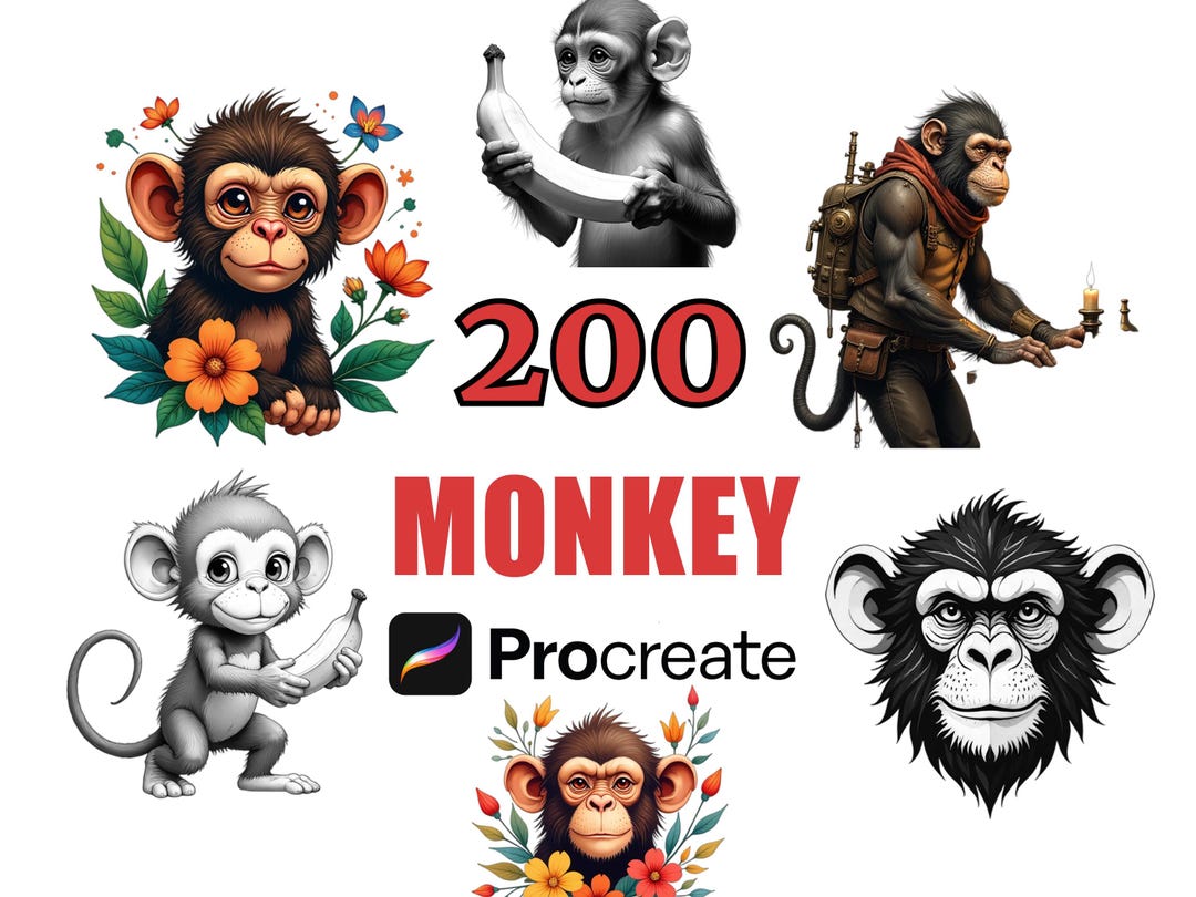 200 Monkey Procreate Stamps Brush Set, Jungle Animal Clip Art, Fun ...