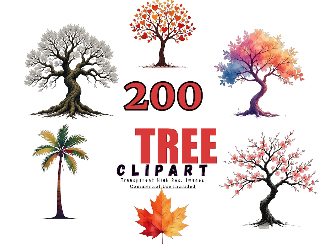 200 TREE Clipart Bundle - Watercolor Trees, Forest Clip Art, Nature ...