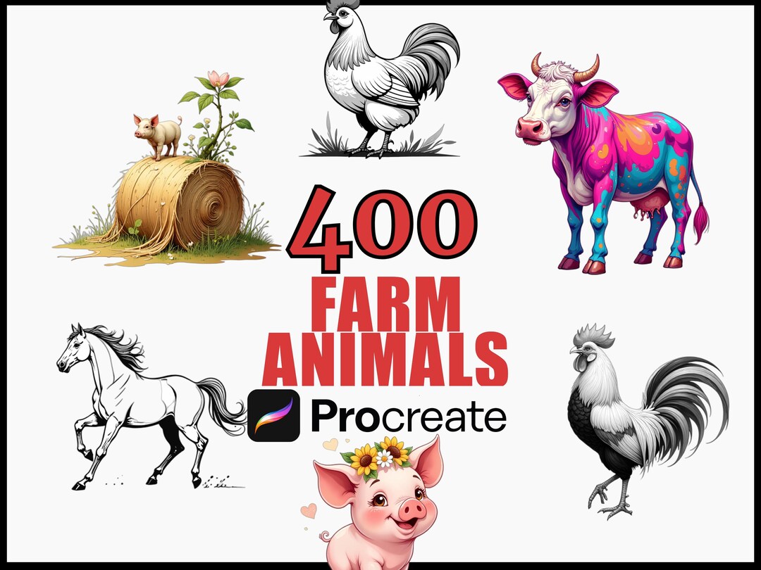 400 Farm Animals Procreate Stamps & Brushes Set, Animal Designs ...