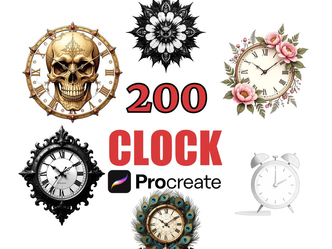 200 Procreate Clock Stamps Brush Set, Timepiece Clipart, Clock Designs ...