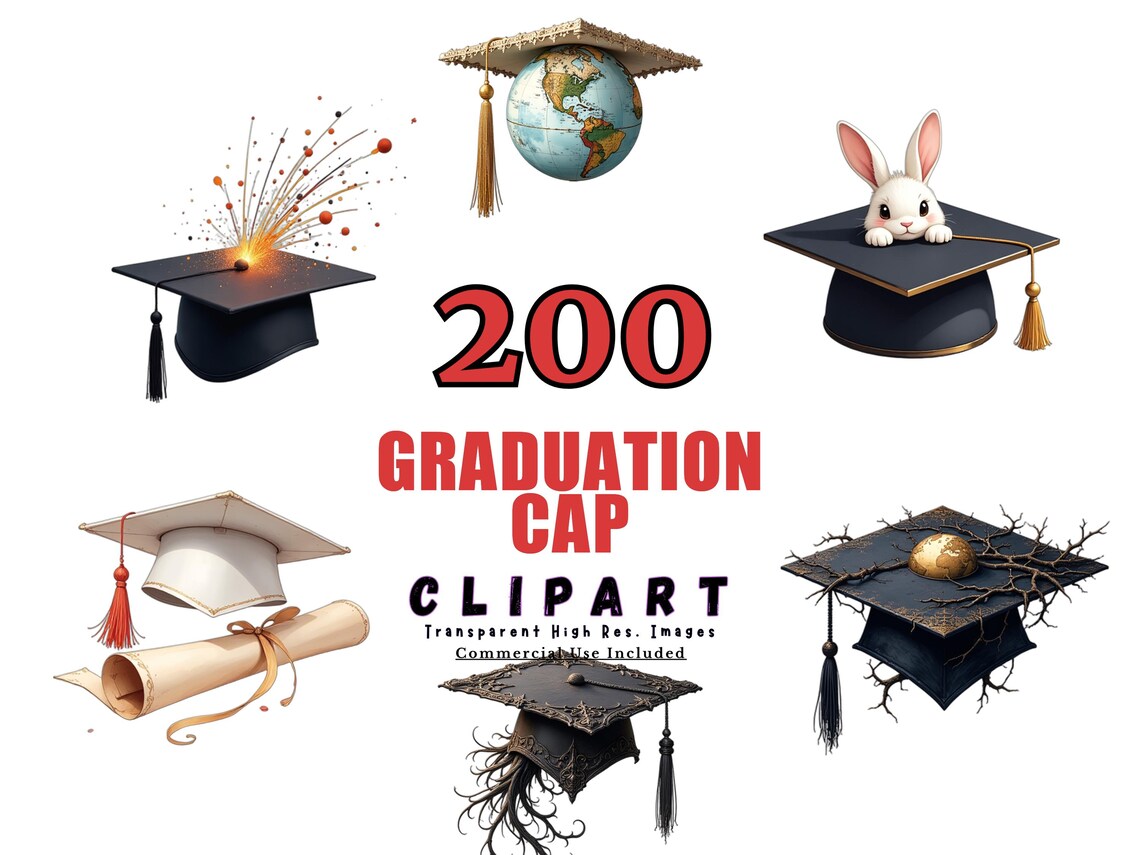 200 GRADUATION CAP Clipart Bundle, Graduation PNG, Mortarboard Clipart ...