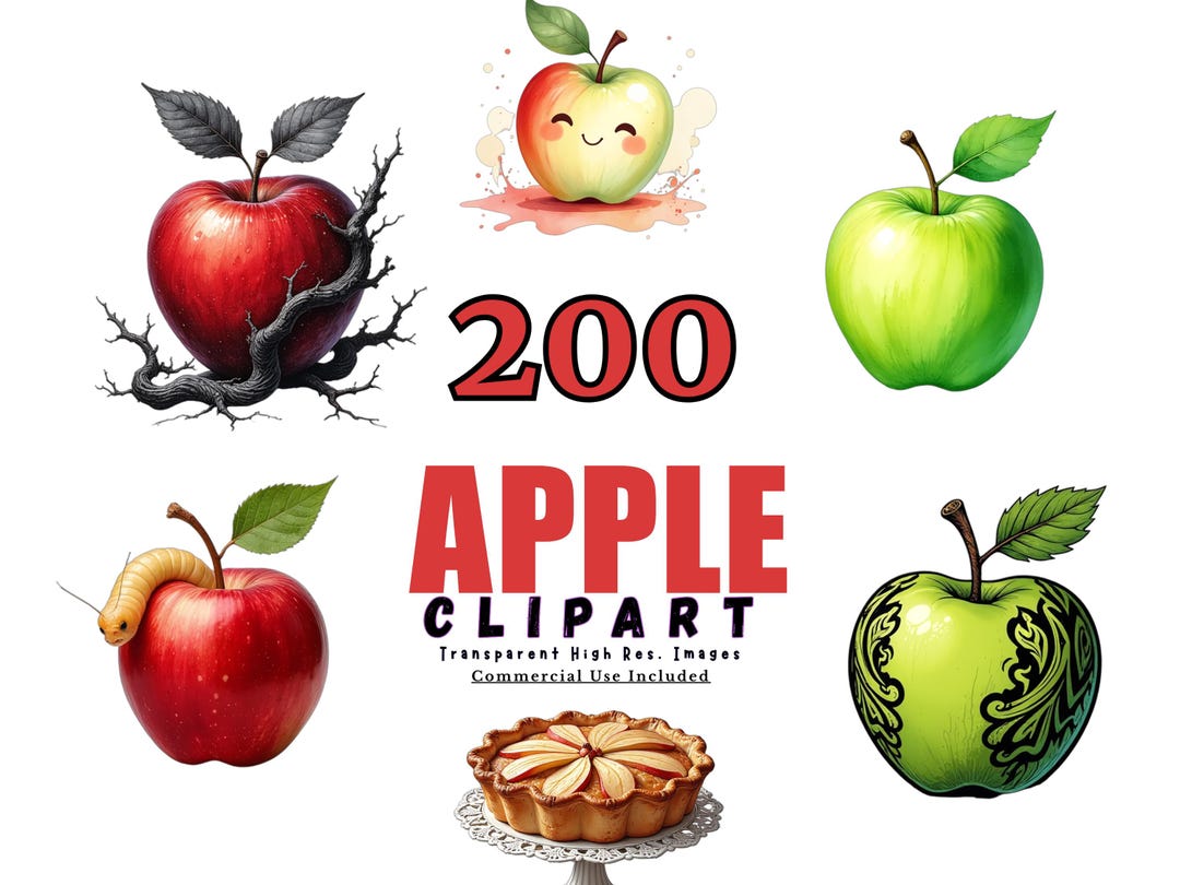 200 APPLE Clipart Bundle, Cute Apple Illustrations, Fruit Pngs, Digital ...