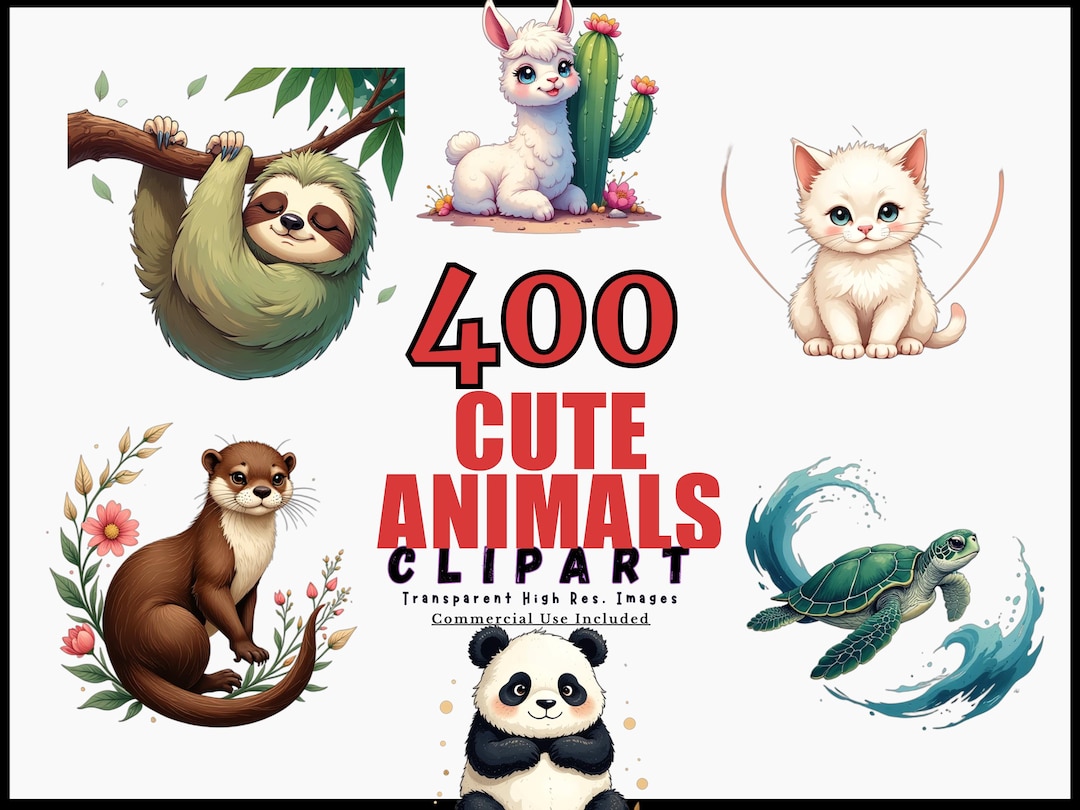 400 Cute Animals Clipart PNG Bundle, Adorable Animal Illustrations for ...