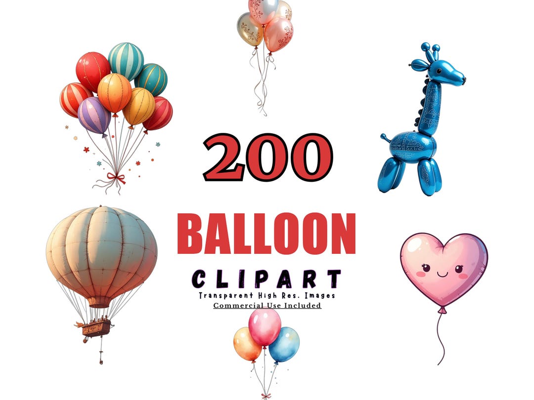 200 BALLOON Clipart Bundle, Birthday Party Decorations, Watercolor ...