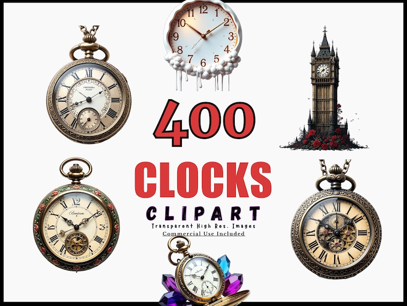 400 CLOCKS Clipart Bundle, Transparent PNG, Vintage & Modern Clock ...