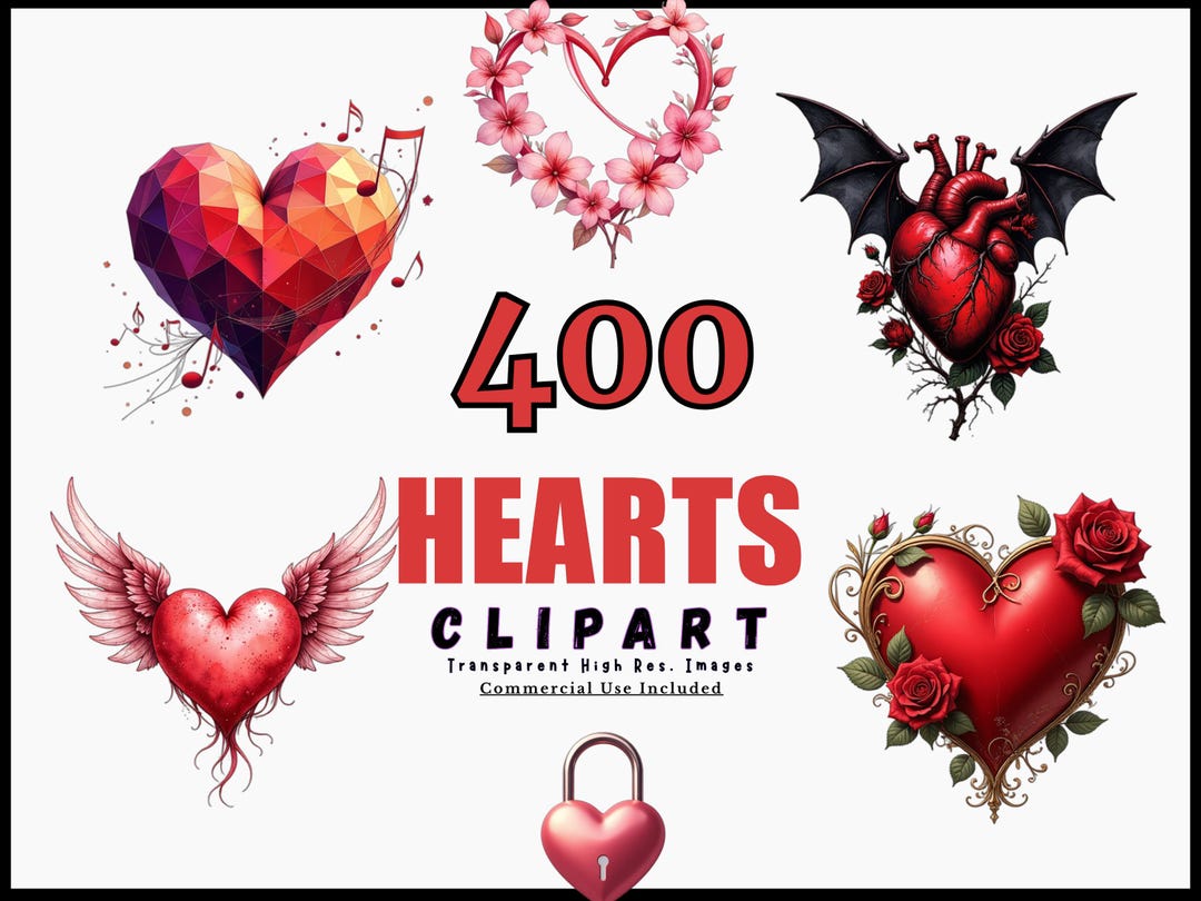 400 HEARTS Clipart Bundle, Transparent PNG, Cute Heart Designs, Love ...