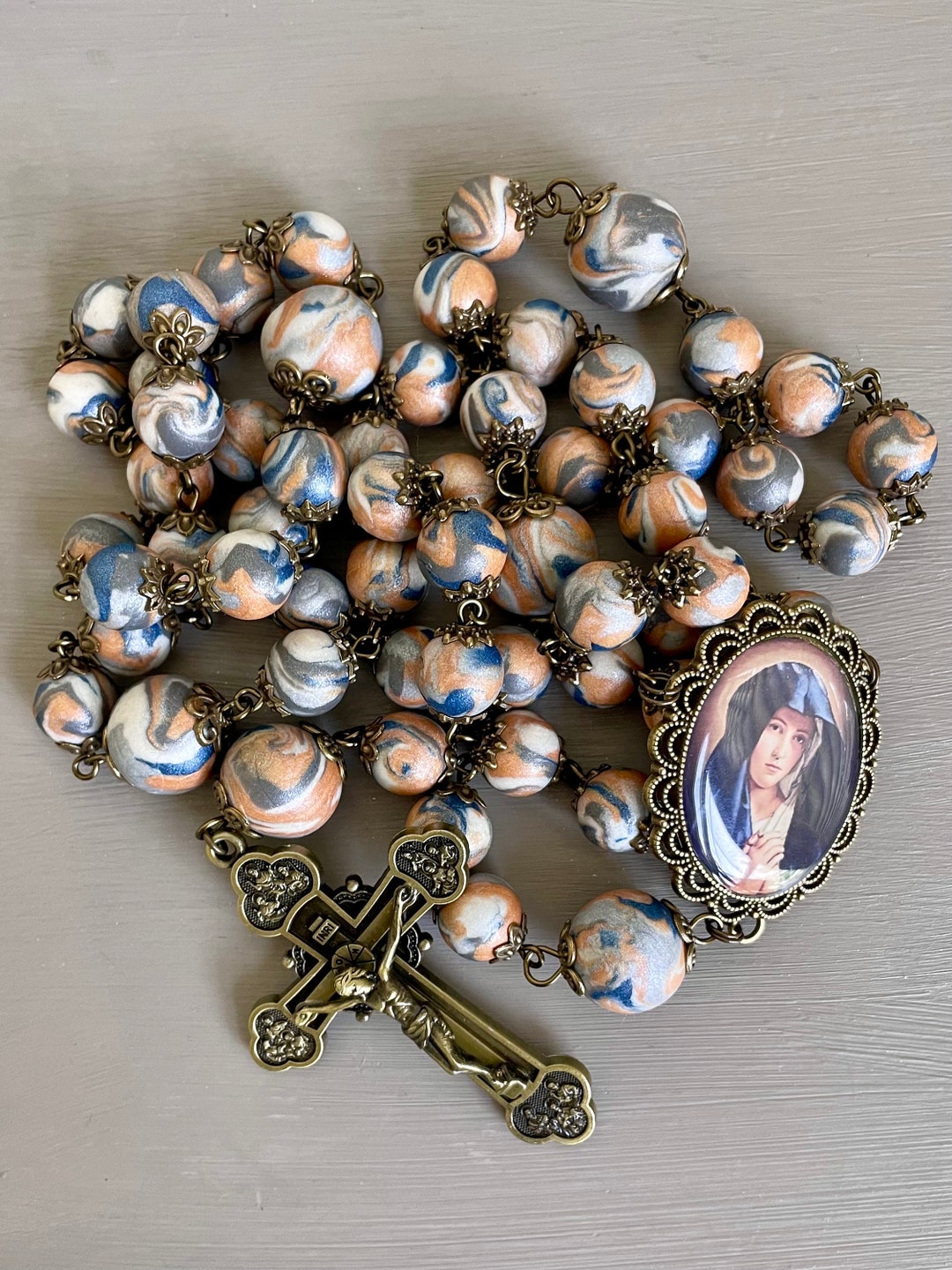 Handmade Wall Rosary Clay Bead Sorrowful Mother Mary 33 Large Blue Gold ...