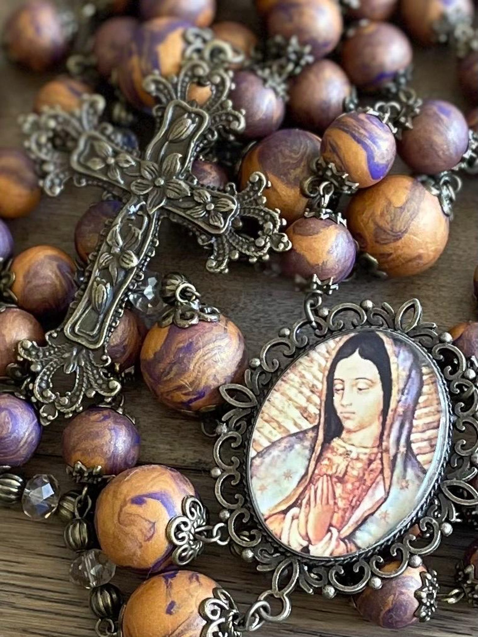 Handmade Large Wall Rosary Clay Bead Our Lady of Guadalupe 36” Long ...