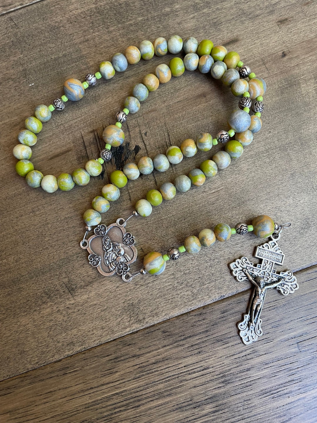 Handmade Rosary Clay Bead Madonna and Child Green Gold Silver - Etsy
