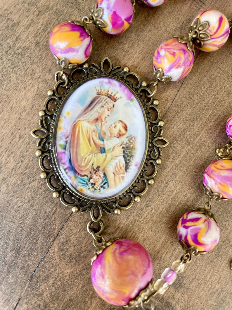 Handmade Large Wall Rosary Clay Bead Mary and Jesus 35 Long Purple Gold ...