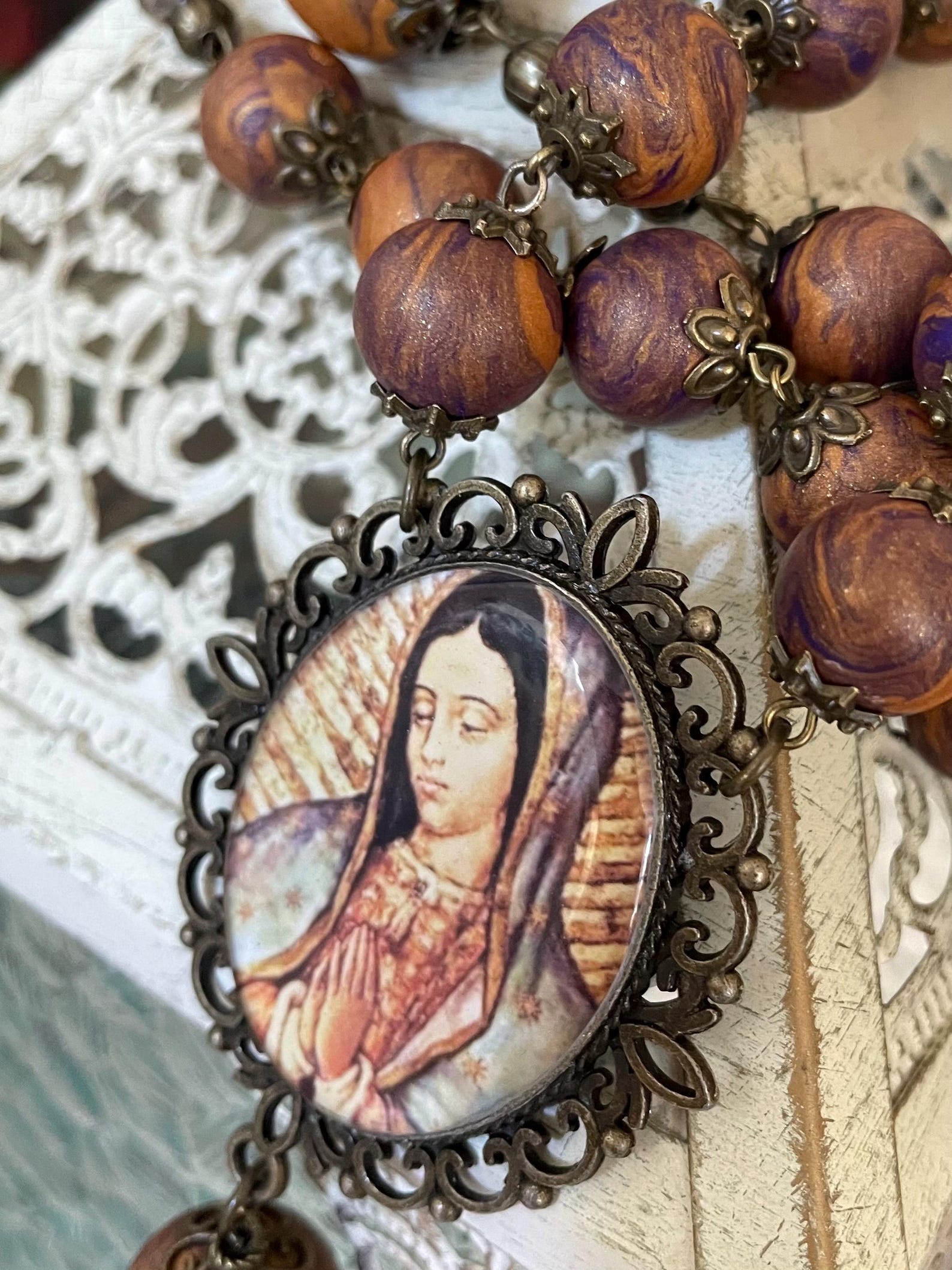 Handmade Large Wall Rosary Clay Bead Our Lady of Guadalupe 36” Long ...