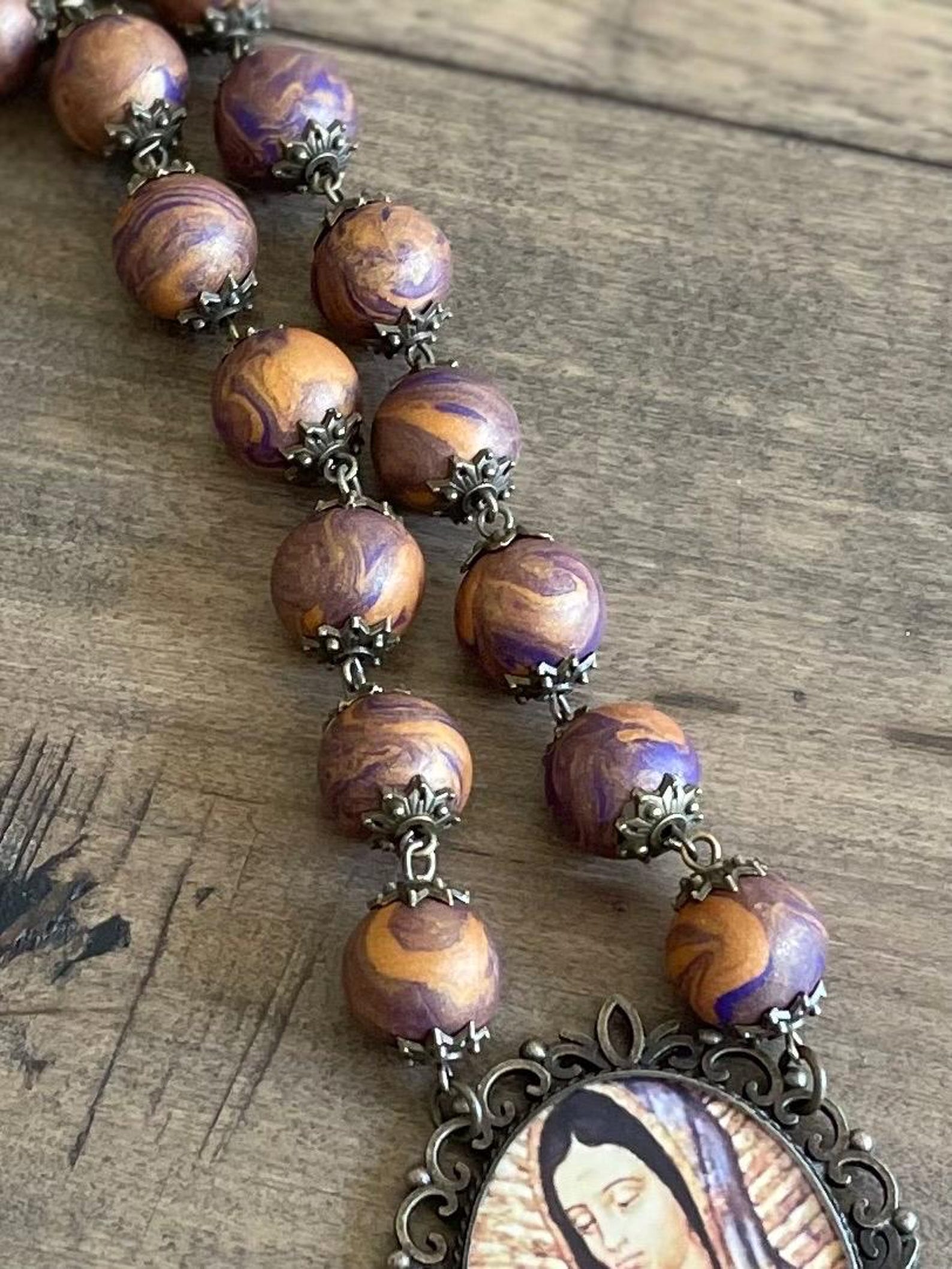 Handmade Large Wall Rosary Clay Bead Our Lady of Guadalupe 36” Long ...