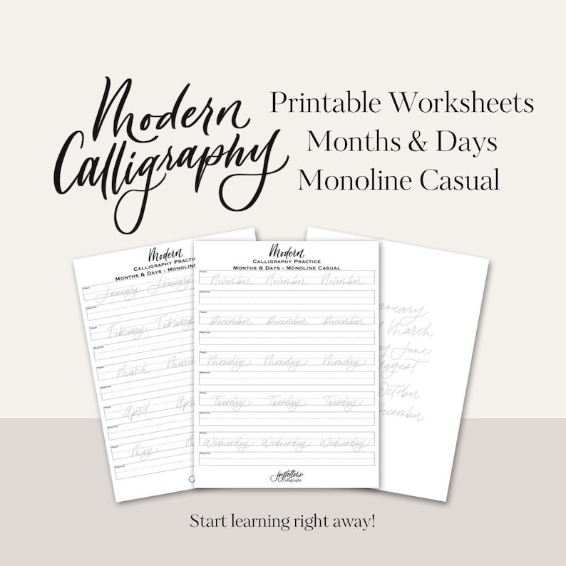 Months & Days Casual Monoline Calligraphy Digital Worksheets ...