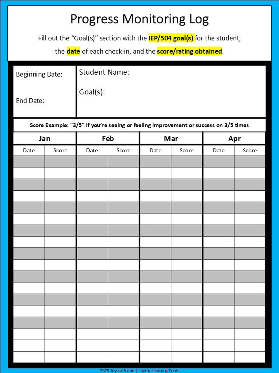 Special Education Task Prompt Log - Aqua - Etsy