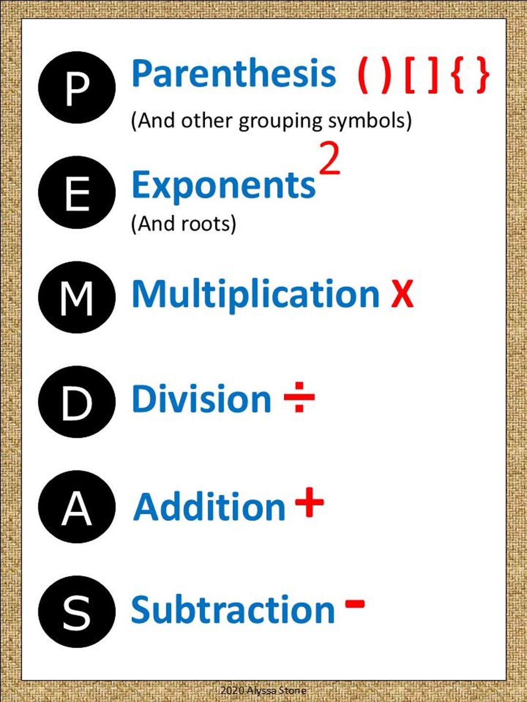 Math PEMDAS Acronym Posters - Burlap - Etsy