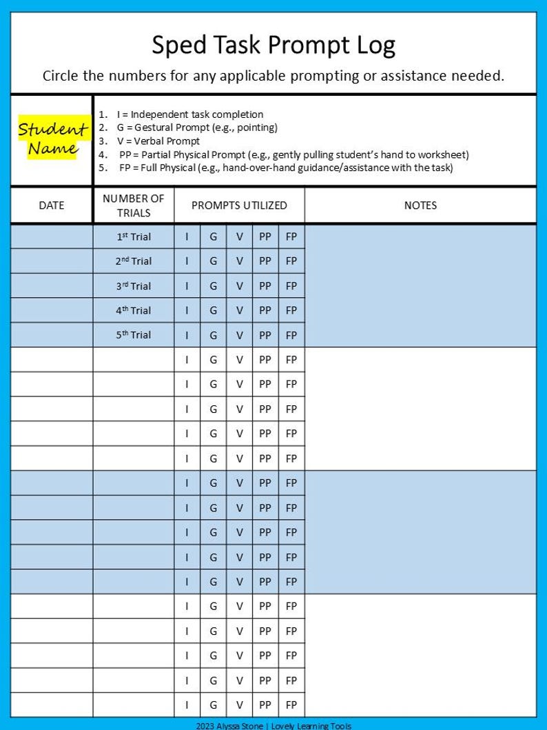Special Education Task Prompt Log - Aqua - Etsy