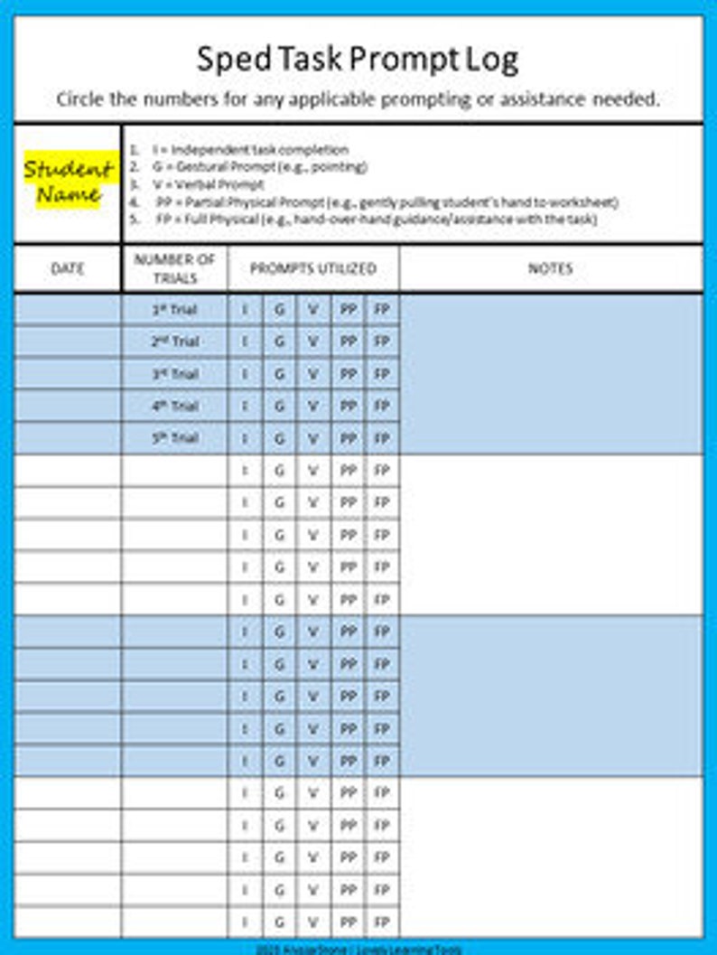 Special Education Task Prompt Log - Aqua - Etsy