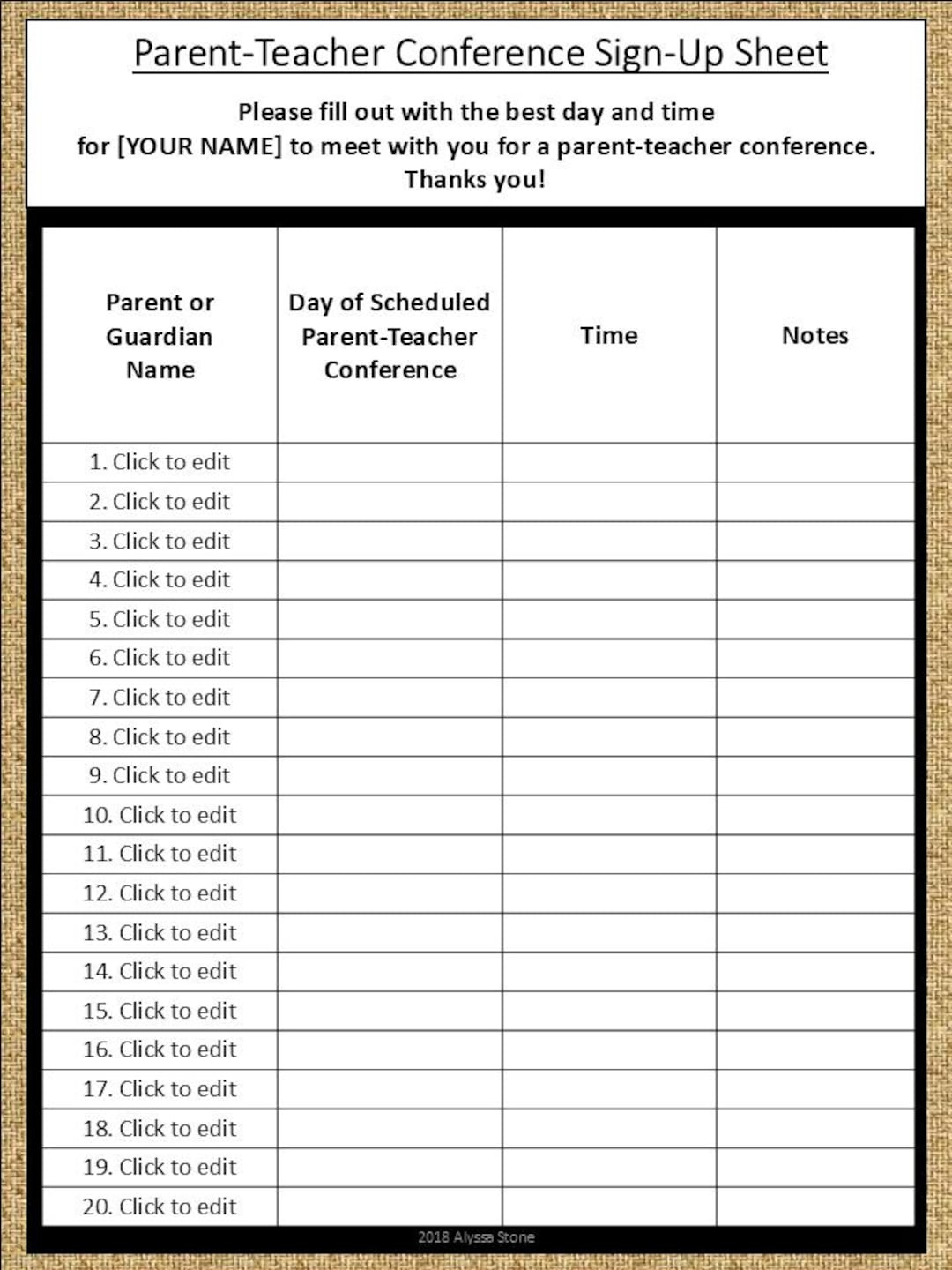 Parent-teacher Conference Sign-up Sheet - Burlap - Etsy