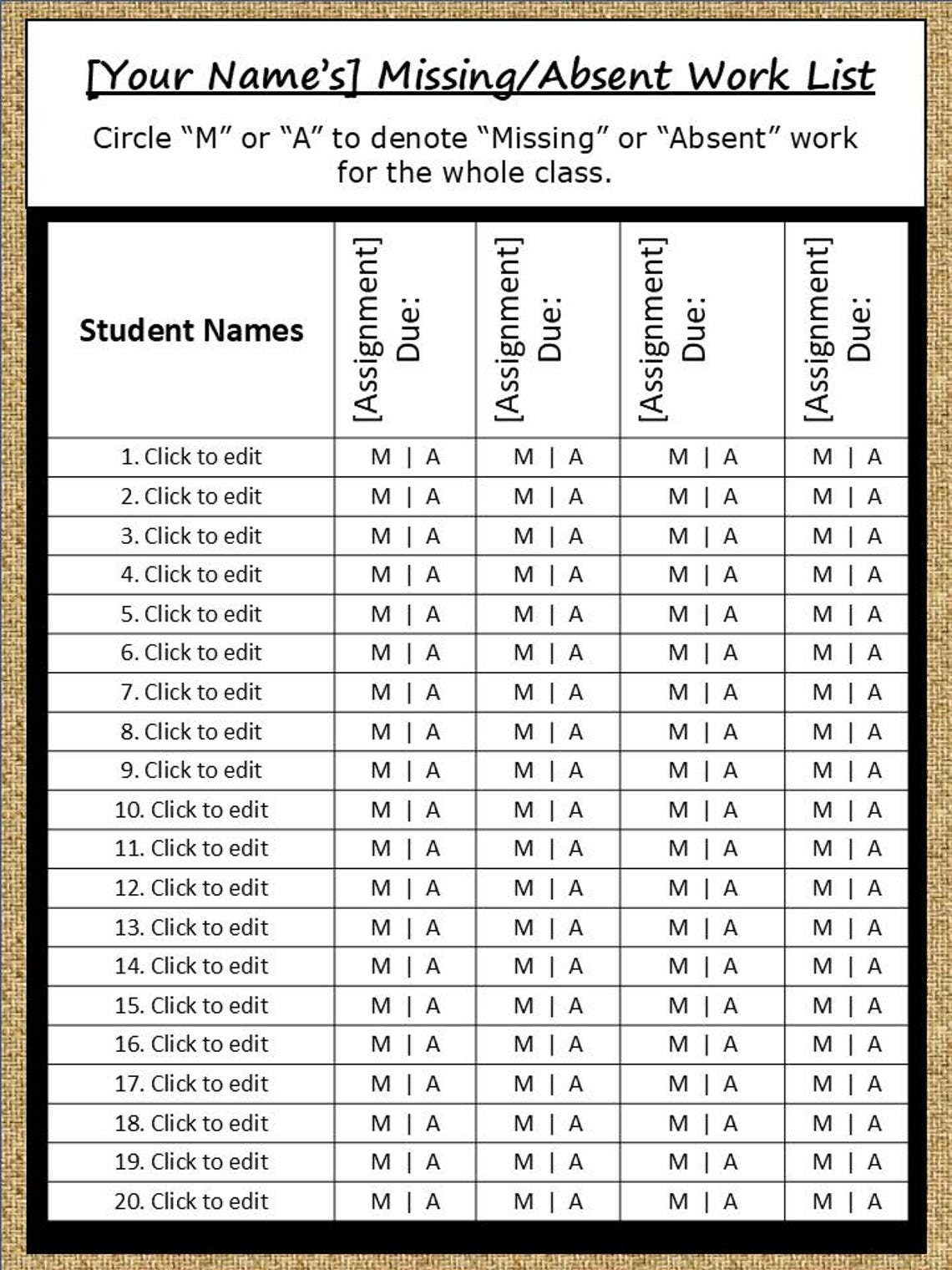 Missing/late Work Tracker With Excuse Slips - Burlap - Etsy