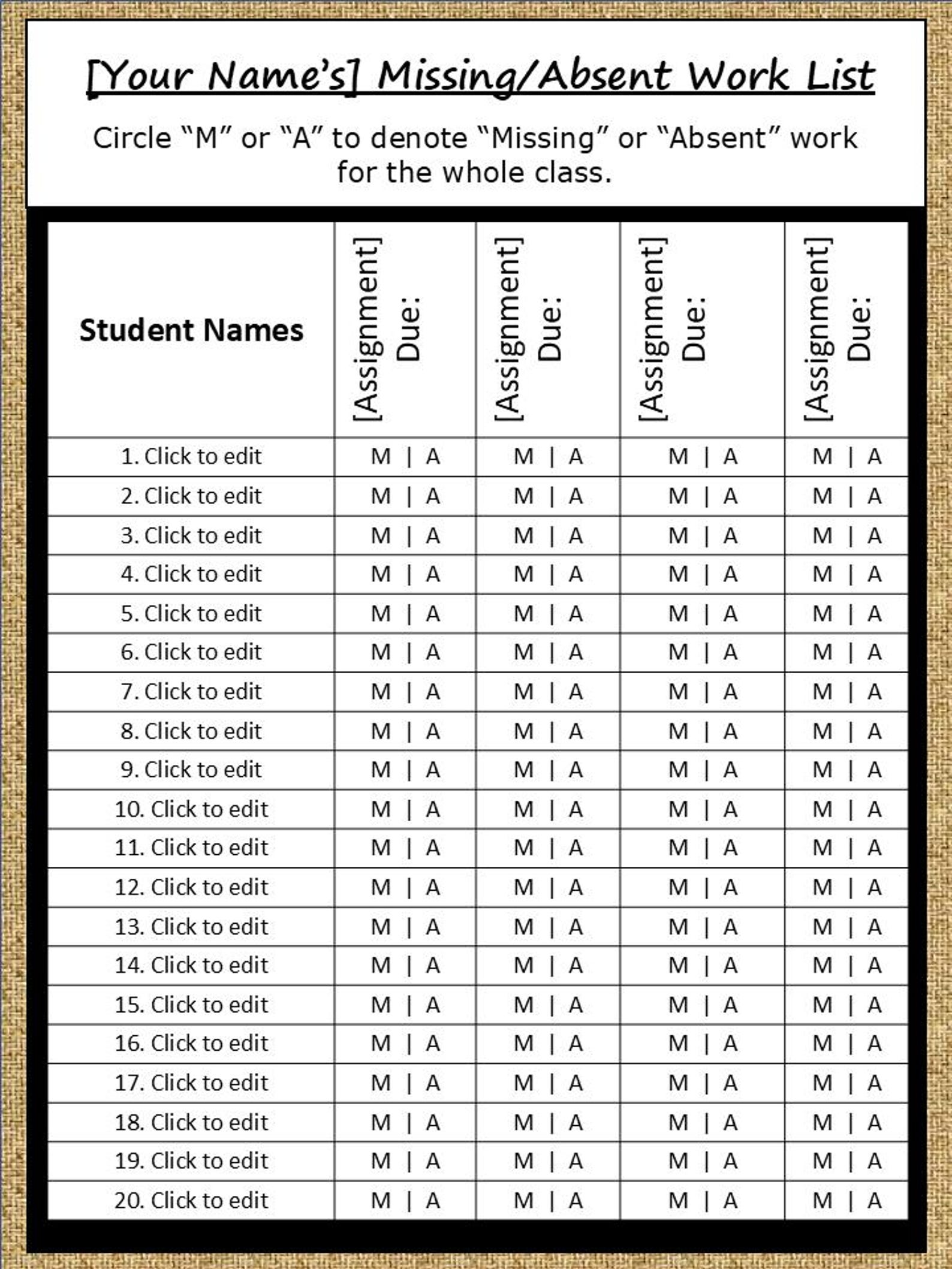 Missing/late Work Tracker With Excuse Slips - Burlap - Etsy