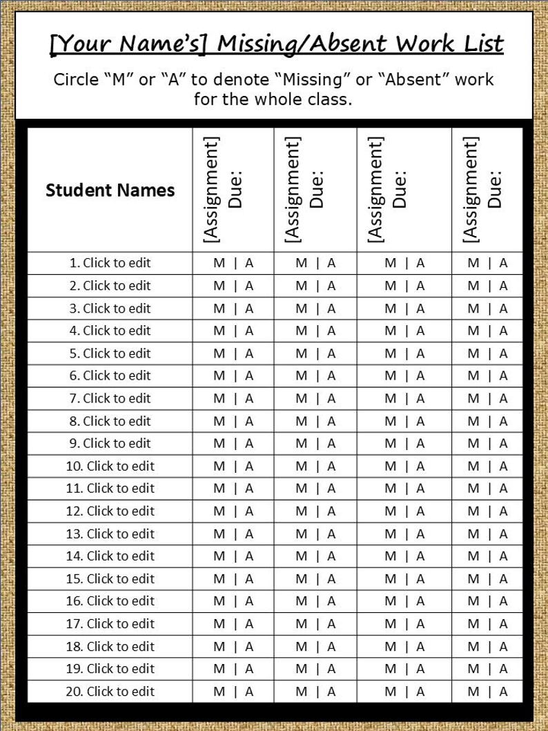 Missing/late Work Tracker With Excuse Slips - Burlap - Etsy